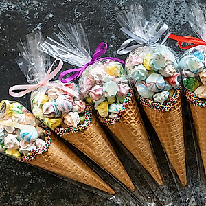 Morepack Cone Treat Bags, 100Pcs, 7x15 Inches, Clear Cellophane, with Twist Ties, for Treats, Popcorn, Candy, Party Favors