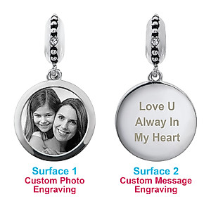 Qina C Sterling Silver Personalized Text & Photo Engraved Message Moon Star Crystal Dangle Bead F/European Charm Bracelet Gift f/Family Friend Wife Daughter