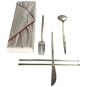 cozymomdeco Korean Made Traditional Premium Utensil Flatware Luminous Gold, Brass, 1SET, Fork, Knife, Spoon, Chopsticks with Furoshiki Wrapping