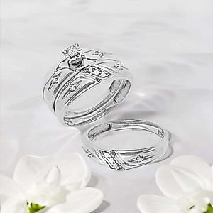 Dazzlingrock Collection 0.20 Carat Round White Diamond Cross Matching Trio Ring Set for Him & Her in 925 Sterling Silver, Women Size 9 and Men Size 10