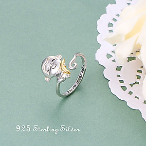 FLYOW 925 Sterling Silver Engraved Always In My Heart Cute Animal Wise Monkey with Banana Adjustable Ring Birthday Jewelry for Women, Size 6