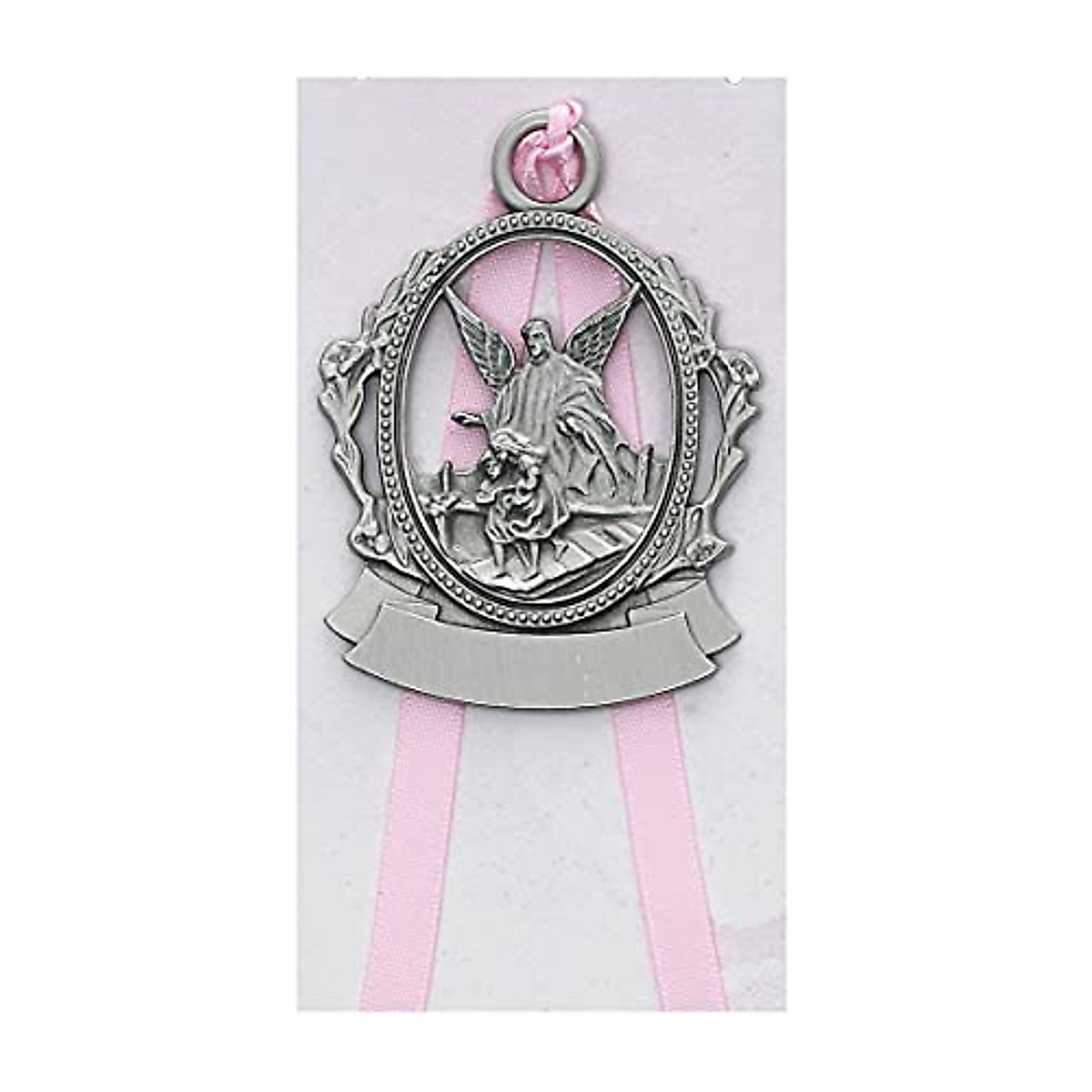 CatholicStore Guardian Angel Crib Medal with Pink Ribbon, Fine Pewter, 2-1/2", mcv-pw15-p