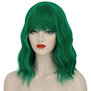 Mersi Green Wig Green Wigs for Women St Patricks Day Short Wavy Green Wig with Bangs Cute Soft Synthetic Wigs for Party Halloween S046DGR
