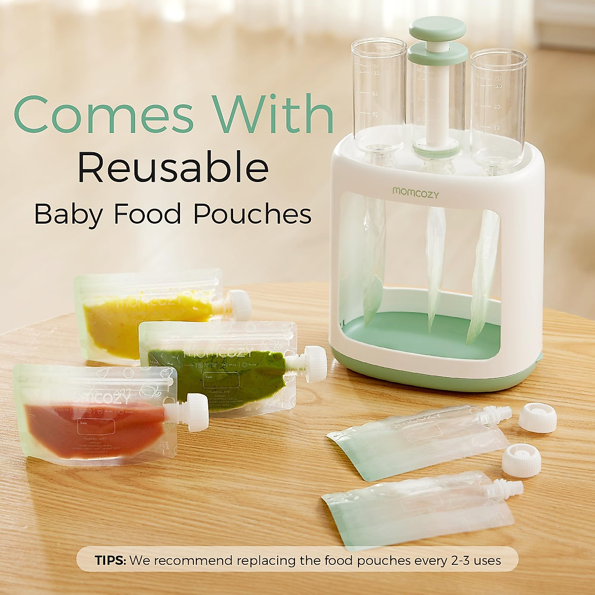 Momcozy Baby Food Maker for Puree Food Storage, Precise Capacity Squeeze Station, Save Time & Efficient, No Food Splashing, Baby Essentials, with 5pcs Reusable Portable Food Storage Bags for Outdoor