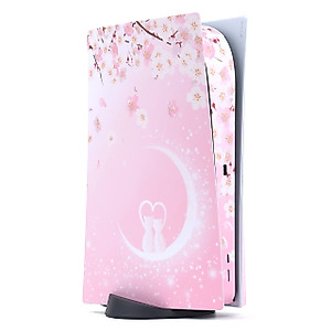 BelugaDesign Sakura Cat Skin PS5 | Anime Moon Heart Cherry Blossom Japanese | Cute Kawaii Vinyl Cover Wrap Sticker Console Controller | Compatible with Sony PlayStation 5 (PS5 Disc, Pink White)