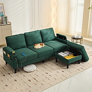 Plococo L Shaped Combo Sofa with Storage Ottoman, 3 Seat Couch with USB-A and Type-C Port, Upholstered Sectional Couch with Cup Holder and Armrest Storage (Green-L-Shaped, L-Shaped)