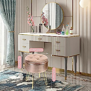 YAMILAN Velvet Round Storage Ottoman, Modern Foot Stool Vanity Stool with Metal Legs & Tray Top Coffee Table, Ottoman with Storage for Living Room Bedroom (PU Leather Light Gold)