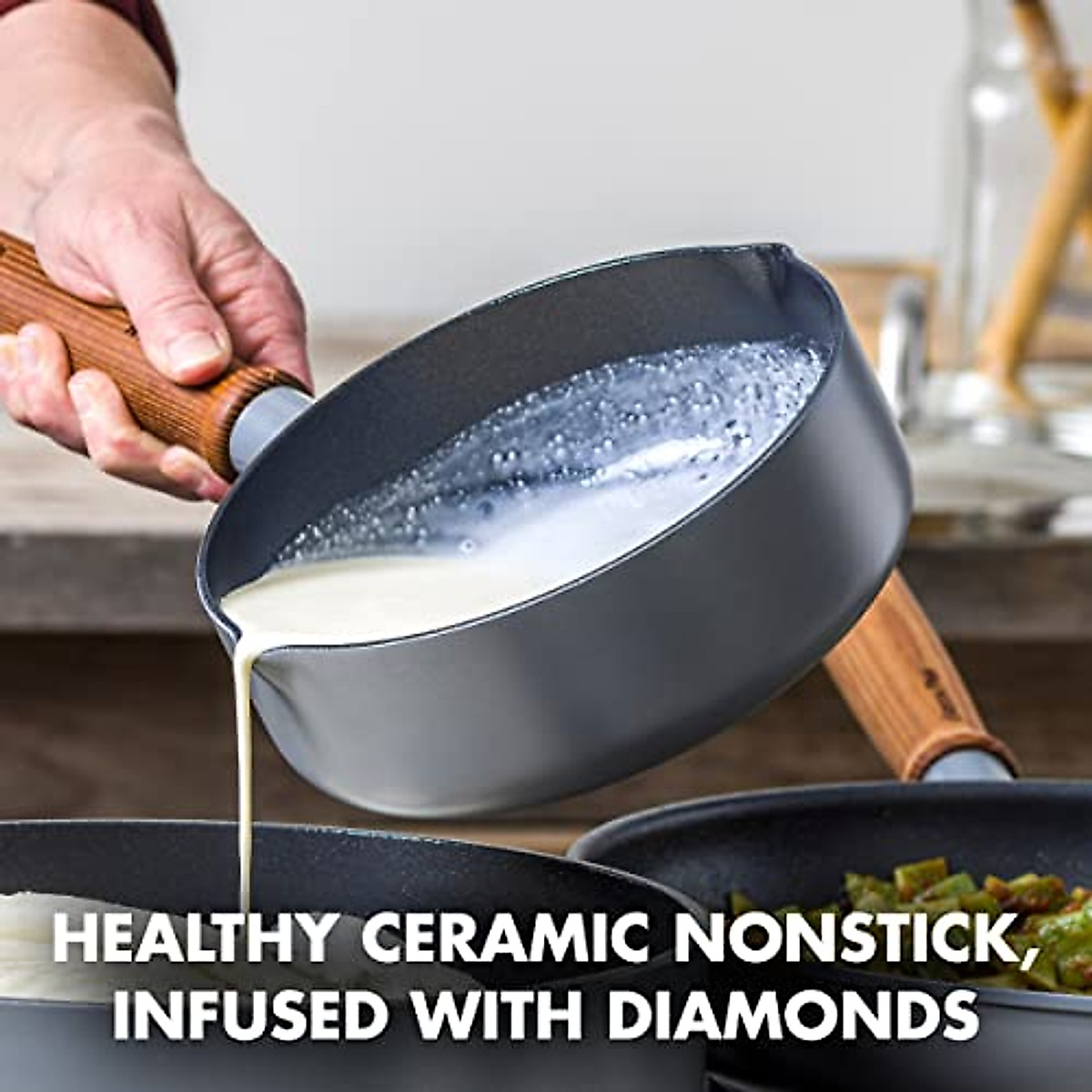 GreenPan Mayflower Pro Hard Anodized Healthy Ceramic Nonstick, 1QT Saucepan Pot, Vintage Wood Handle, PFAS-Free, Induction, Charcoal Gray