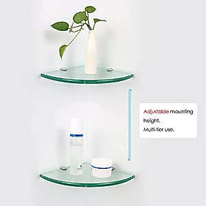 Bathroom Tempered Glass Shower Corner Shelf 12mm Thick Floating Wall Mounted Shelves for Home Decor 9"x9" Quarter Circle Shevling with SUS304 Bracket