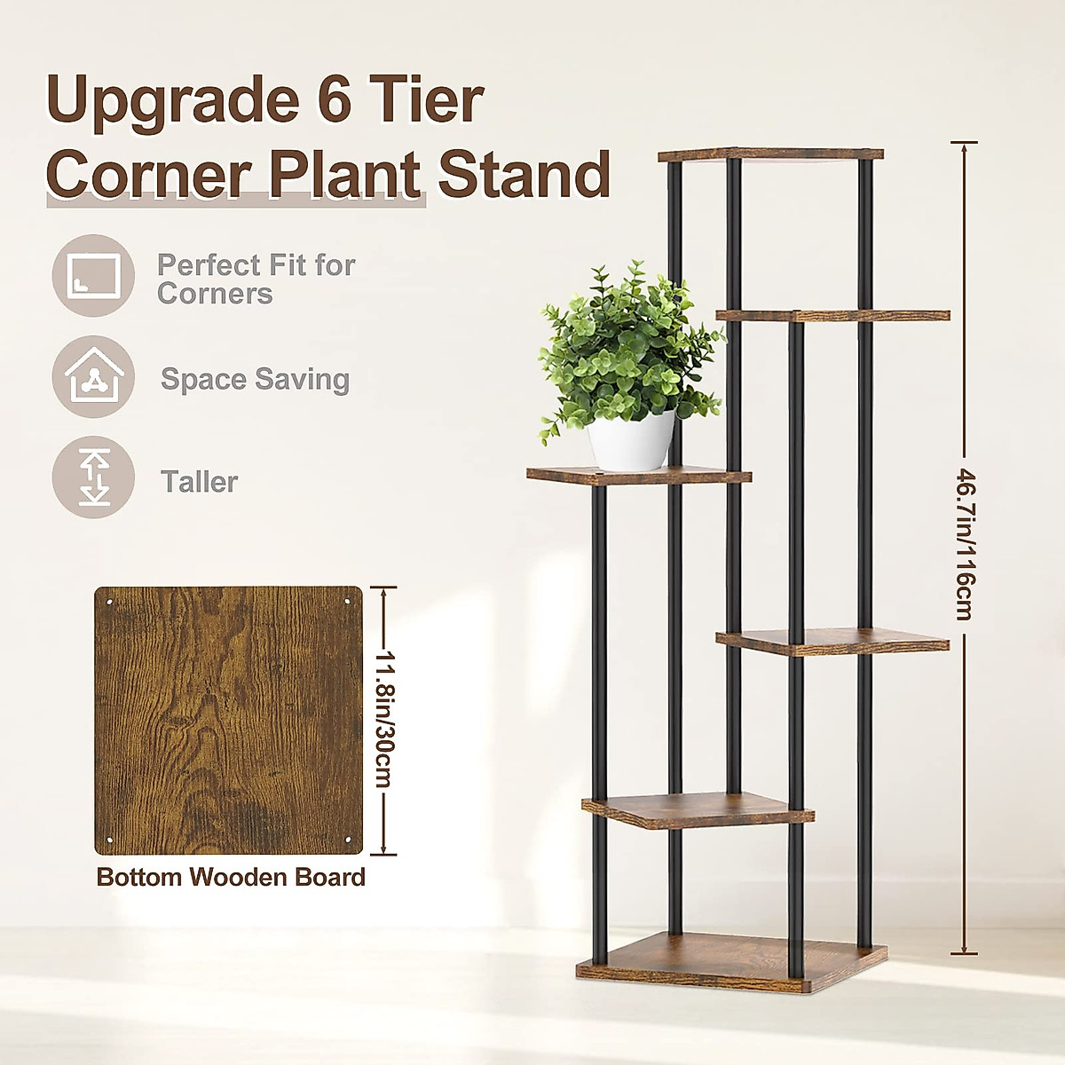 Oppro 6 Tier Tall Corner Plant Stands Indoor, 45Inch Large Metal Wood Flower Pot Shelf for Multiple Plants, Tiered Plant Holder Display Rack for Outdoor Balcony Garden Patio Living Room (Black)