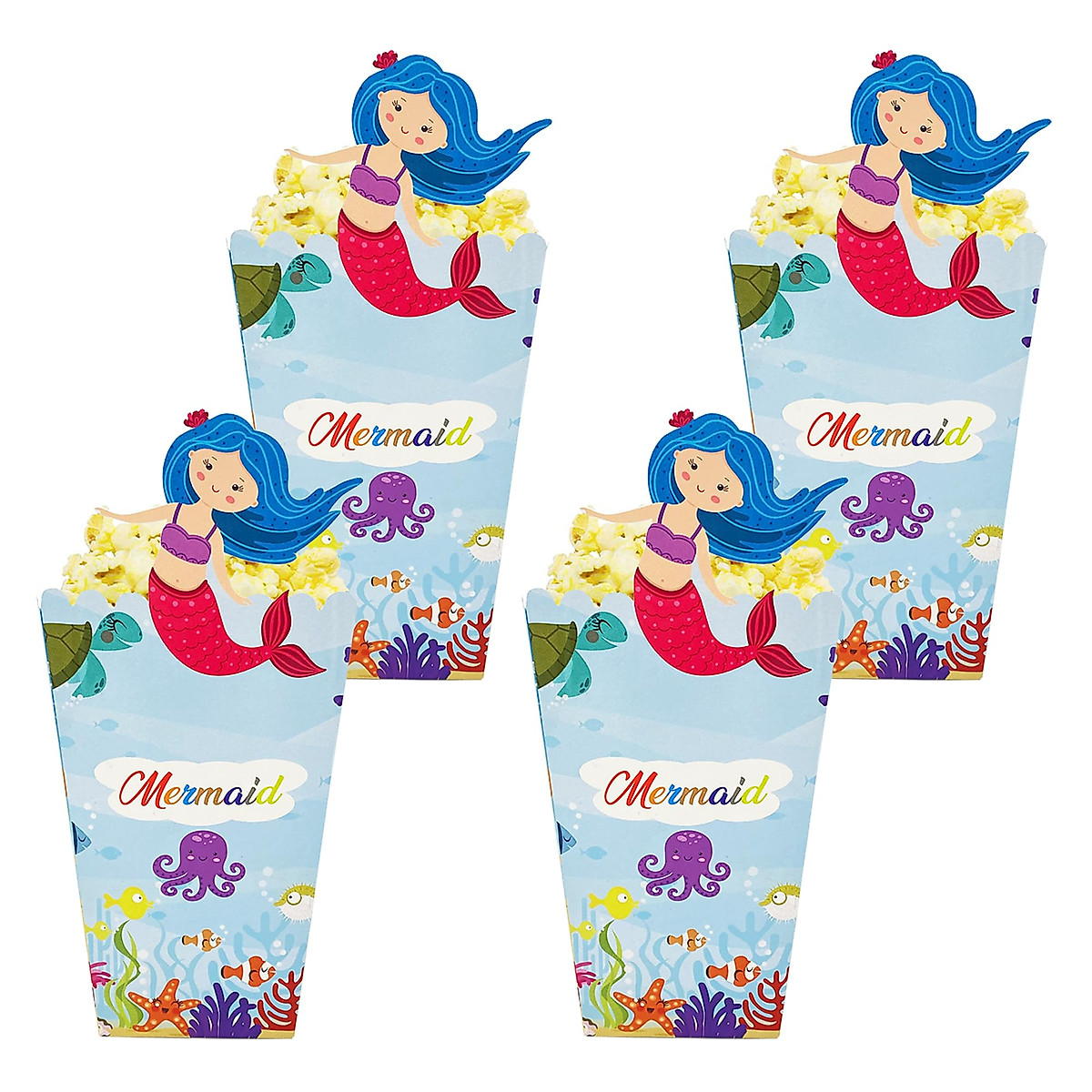 Sumerk 12Pcs Mermaid Popcorn Boxes Candy Snacks Containers for Movie Night, Carnival, Theater Paper Popcorn Bags for Children's Baby Girls Birthday Party Decorations