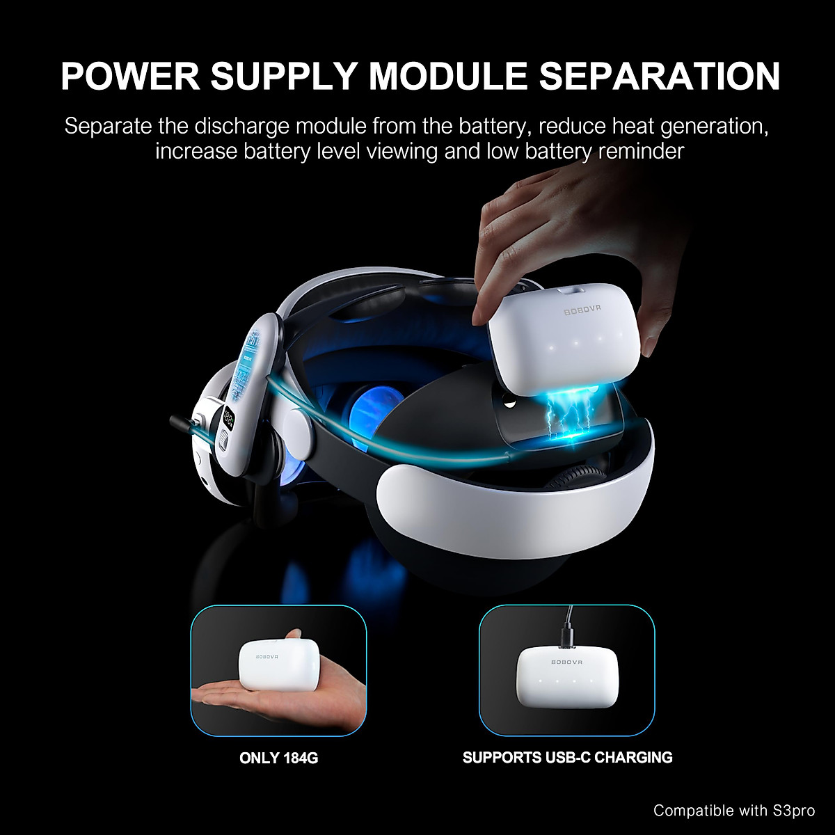 BOBOVR B100 Battery Pack for S3 Pro Replacement 10000mAh Hot-Swap Battery Accessories, Magnetic Connectors