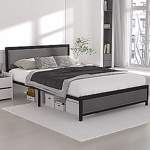 VECELO Full Size Bed Frame with Linen Fabric Headboard and Footboard, Heavy-Duty Platform with Strong Steel Slats, No Box Spring Needed, Easy Assembly, Grey