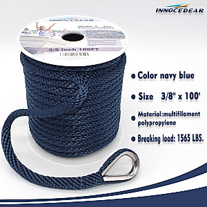 INNOCEDEAR Anchor Rope Braided Anchor Line(Navy, 3/8" x 100') Premium Solid Braid MFP Boat Rope with Stainless Steel Thimble, Quality Marine Rope, Boat Accessories