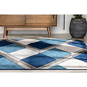 Well Woven Good Vibes Nora Blue Modern Geometric Stripes and Boxes 5'3" x 7'3" 3D Texture Area Rug, 5 ft 3 in x 7 ft 3