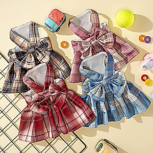 4 Pcs Plaid Dog Dress Bow Tie Harness Leash Set Harness Dress for Small Dogs Cute Dog Pet Girl Puppy Summer Clothes for Female Summer Bunny Rabbit Clothes Yorkie Chihuahua Training Walking (S)