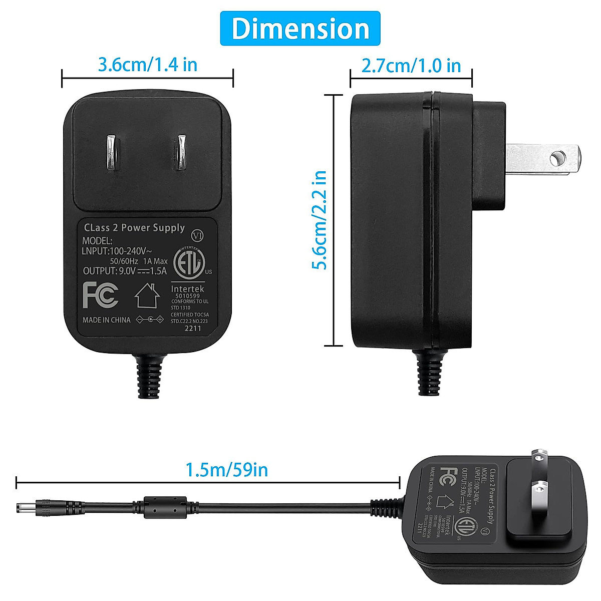 9V 1.5A Power Supply DC 9V Power Cord, 110-240Vac to DC 9Vlot 1A AC Adapter DC Plug Center Positive, for DC9V Arduino UNO R3, Schwinn Bike A10 140 170, Crosley Cruiser Record Player.