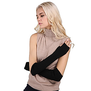 Facecozy Arm Warmers Women Warm Cashmere Blend Long Fingerless Gloves for Women Typing Gloves for Computer with Thumb Hole (Black, 16"/40.5cm)