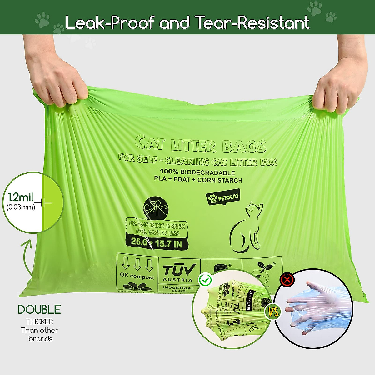 PETOCAT Drawstring Biodegradable Cat Litter Bags Fit Catlink Self Cleaning Cat Litter Box Heavy Duty Cat Litter Liner for Robot 3 4,100% Compostable Trash Bags (25.6" x 15.7"- 60 Count)