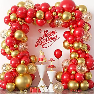 Red Gold Balloons Garland Arch Kit, 18/12/10/5 inch Red Metal Gold Latex Balloon Set with Gold Confetti Balloons for Graduation Baby Shower Wedding Valentine's Day Birthday Anniversary Supplies