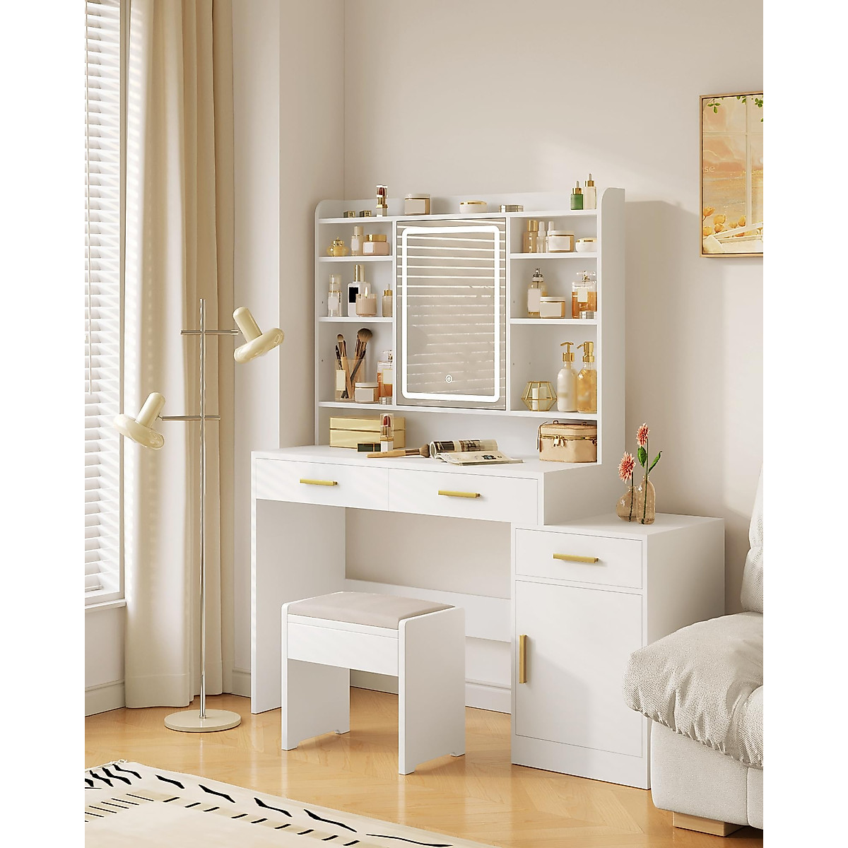 HILINSIE Large Vanity Desk with Light Mirror, Makeup Vanity Dressing Table with 3 Drawers, Adjustable Shelves, Storage Cabinet, Bedroom Vanity Table for Women‘s Day (White)