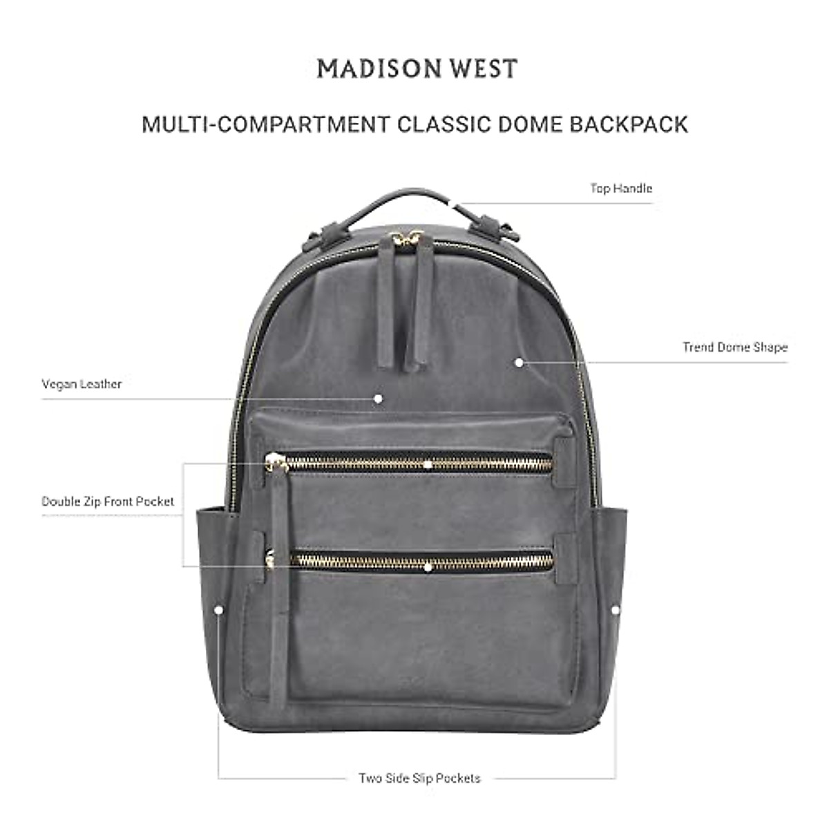 Madison West Kylee Backpack Purse for Women, Casual Daypack Handbag, Soft Vegan Leather - Charcoal