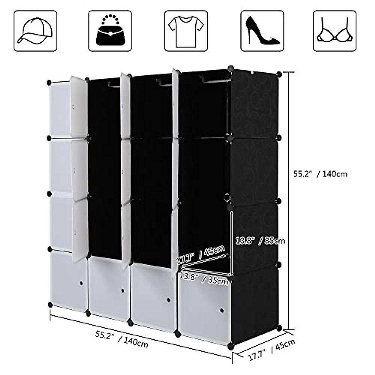 Kopokd Maximize Home Organization with Stackable Modular Shelving Closet Organizer - Plastic Storage Cubes with Hanging Rod and Wardrobe Cabinet Plus White Doors and Black Panels