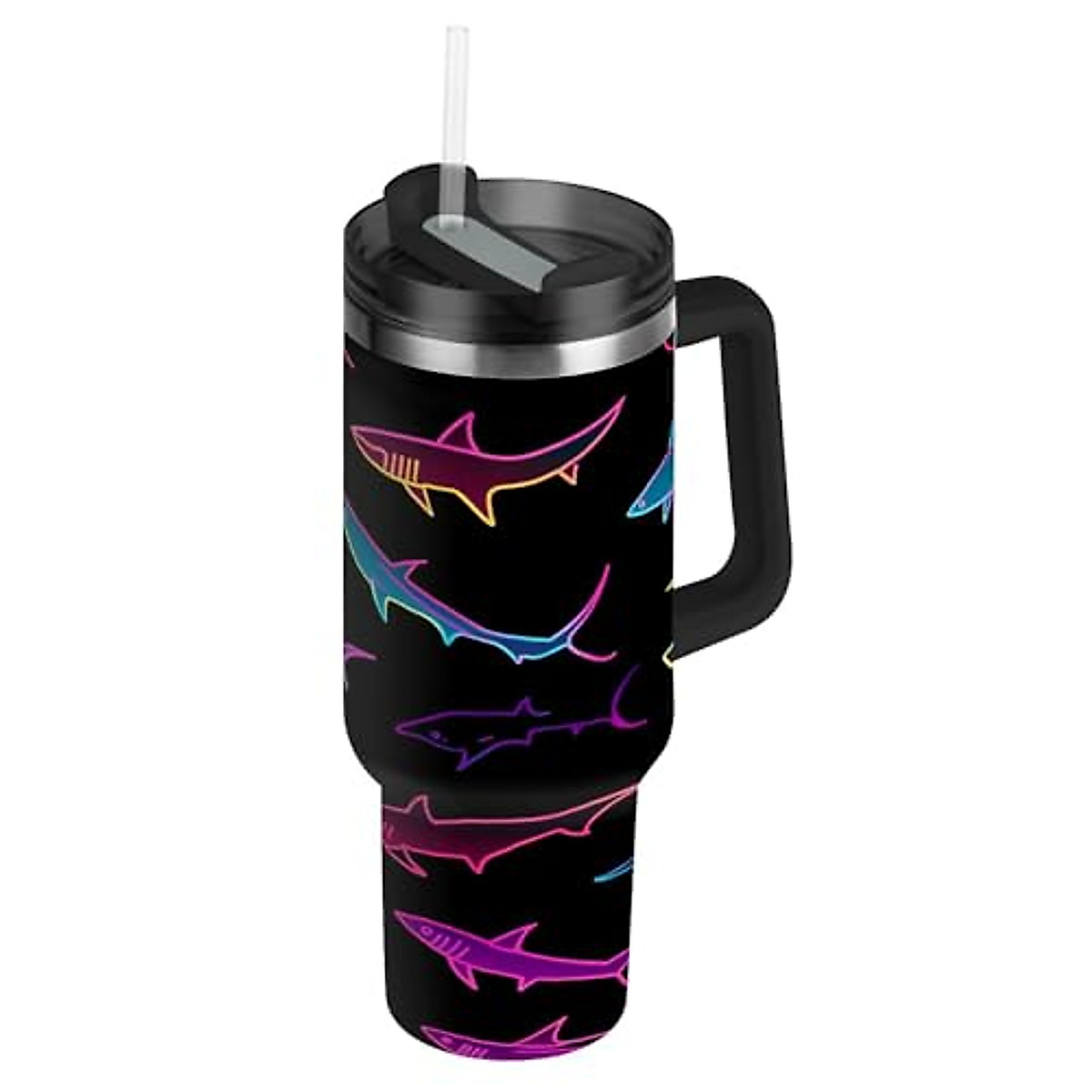 Flradish 30oz Tumbler with Handle, Colourful Sharks Stainless Steel Tumbler with Lid and Straws Double Wall Vacuum Insulated Leakproof Coffee Travel Mug