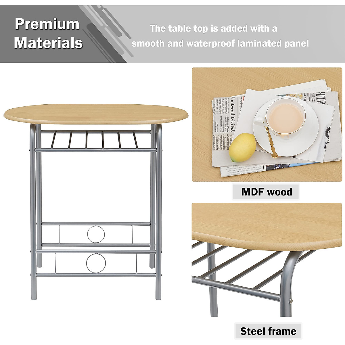 VECELO 3-Piece Bar Table Set, Round Tabletop & Chair for Kitchen Dining Room Breakfast, Built-in Wine Rack, Space Saving, 31.5" Length X 21" Width, Silver and Natural