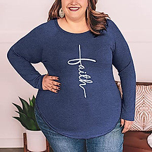 Plus Size Tops Women Faith Shirts Christian Inspirational Tshirt Long Sleeve Graphic Tees(A-02-a-blue,1X)
