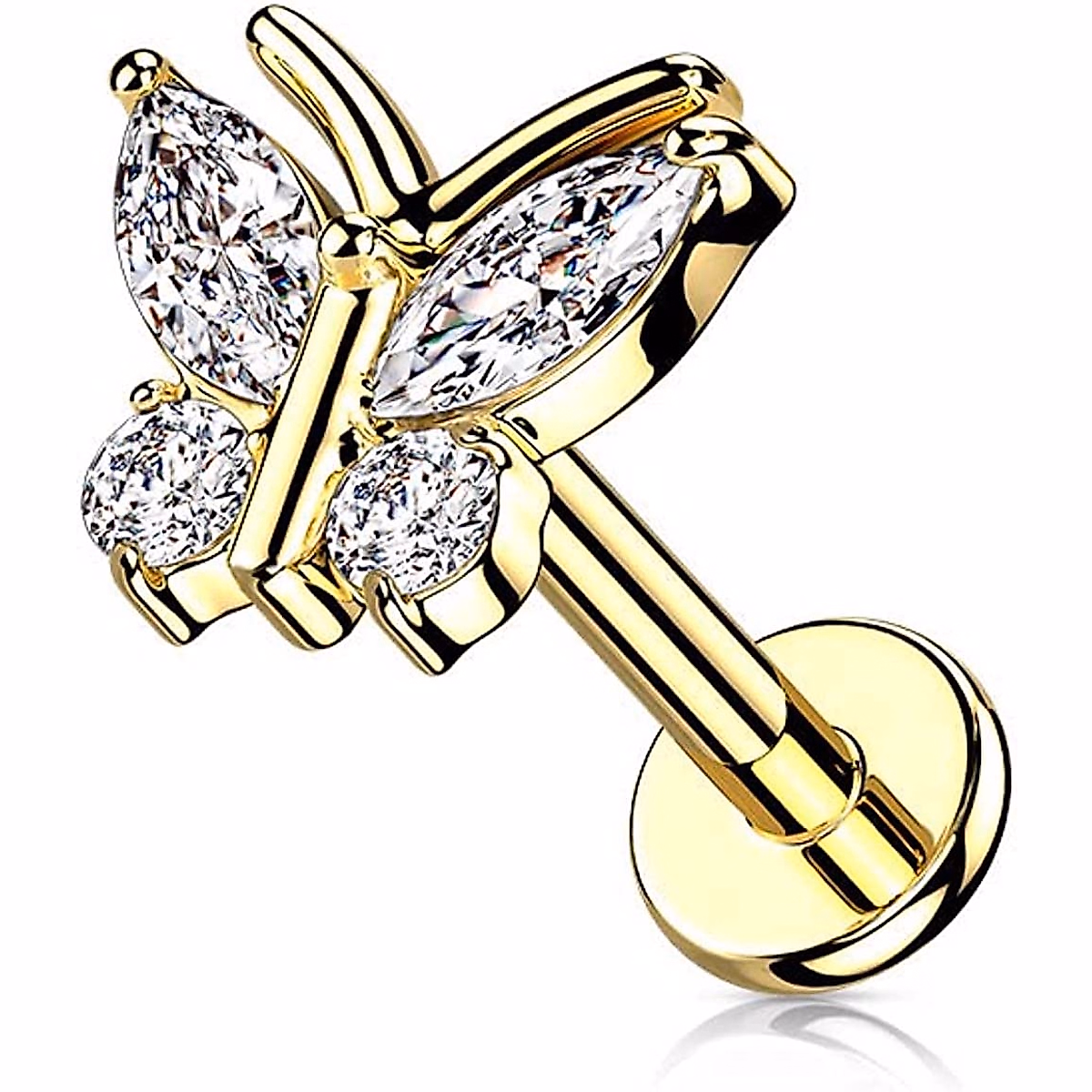 CZ Butterfly Top on Internally Threaded 316L Surgical Steel Flat Back Stud for Labret, Monroe, Cartilage and More (16GA, L: 5/16" (8mm),Gold)