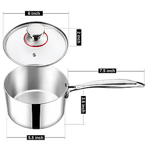 TeamFar 1qt Saucepan with Lid, Stainless Steel Tri-ply Small Cooking Pot Sauce Milk Pan with Ergonomic Handle, for Induction/Gas/Electric/Ceramic, Healthy & Heavy Duty, Dishwasher Safe