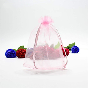 100 Pcs 5x7 inches Gift Wrap Bags Pink, Organza Sheer See Through Fabric, Drawstring Satin Ribbon Pouches for Baby Shower Favor, Party Wedding Favors Decoration, Card Deck, Jewelery, Boys Holiday Gift