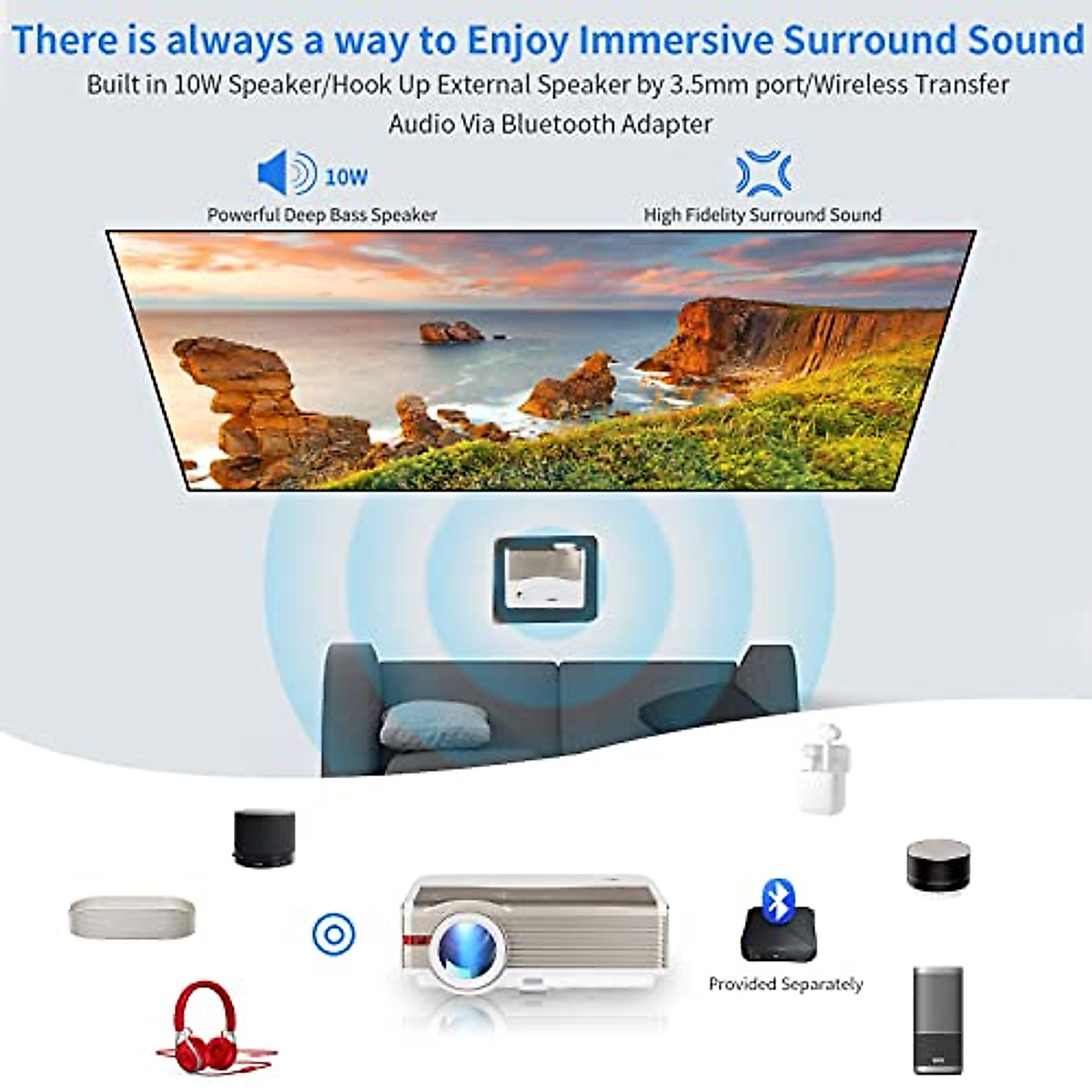 9000LM High Brightness Home Theater Projector, 200" Indoor Outdoor Movie Projector with Speaker/Zoom, Full HD 1080P Video Gaming Projector with HDMI USB for iOS Android Smart Phone Laptop TV Stick DVD