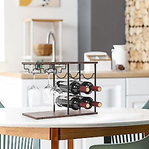 YBING Wine Rack Countertop Wine Holder Stand for 6 Wine Bottles and 4 Glasses Tabletop Small Wine Holder Wooden Wine Bottle Organizer for Kitchen, Bar, Wine Cellar, Cabinet (Brown)