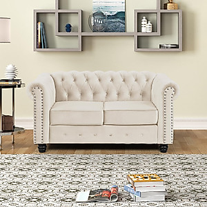 Morden Fort Loveseat for Living Room, Loveseat Sofa No Sagging, Loveseats 24'' Comfy Seat Depth, Modern Loveseat Tool-Free Assemble, Velvet Loveseat Pet-Friendly Super Soft Chesterfield Beige