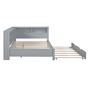 Hlcodca Wooden Full Size Daybed with Twin Size Trundle, Daybed with Storage Shelf and USB Charging Ports, for Kids Teens Adult Bedroom (Gray/Full + Daybed)