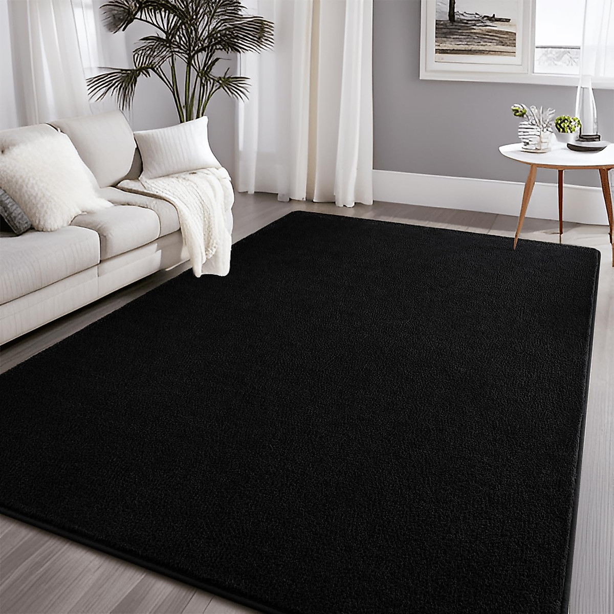 Larhom Large Modern Area Rugs for Bedroom Living Room, 5x7 Feet Black Rug, Thickened Memory-Foam Indoor Carpets, Minimalist Rug for Boys Girls, Soft, Non-Slip and Machine-Washable