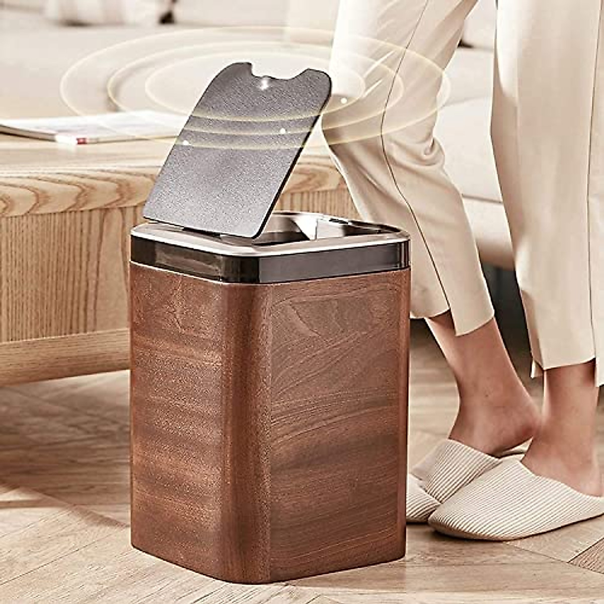 Trash Bin Trash Can Wastebasket Smart Trash Can Electric Induction Smart Square Solid Wood Trash Can with Pressure Ring for Home Garbage Can Waste Bin