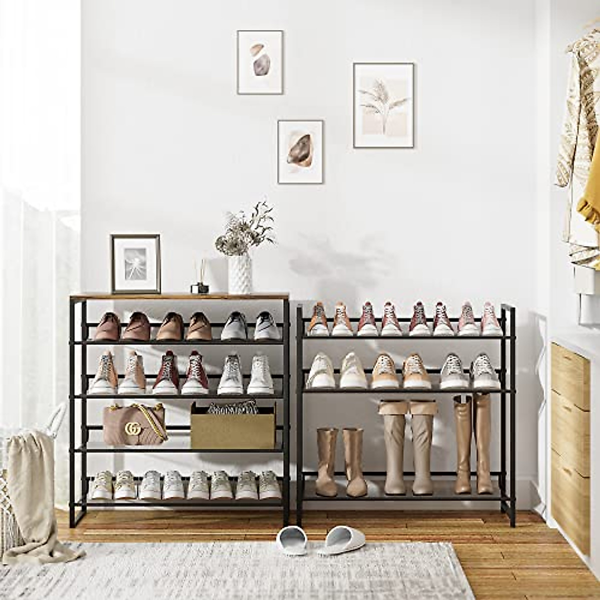 AEPOALUA Shoe Rack, 9-Tier Shoe Organizer, Tall Shoe Storage for Entryway, Closet, Garage, Large Shoe Rack Storage Organizer, Set of 2 5-Tier add 4-Tier Stackable Shoe Shelf, Industrial, Rustic Brown