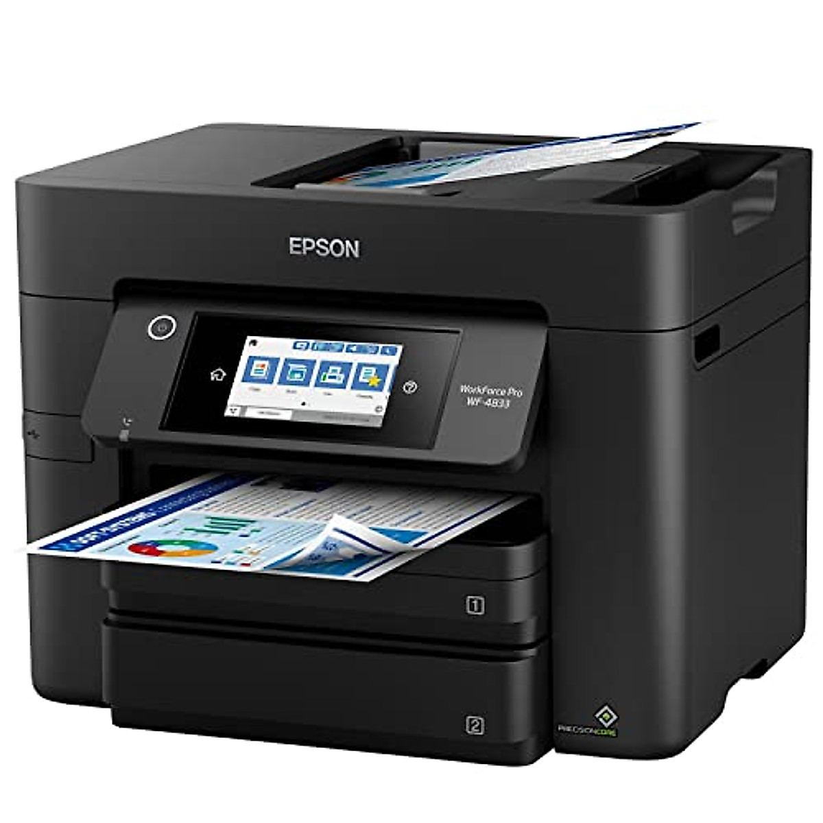 Epson Workforce Pro WF-4833 Wireless All-in-One Color Inkjet Printer - Print Scan Copy Fax - 25 ppm, 4800x2400 dpi, 4.3" Touchscreen, Auto 2-Sided Printing, 50-Sheet ADF, 500-Sheet Capacity, Ethernet