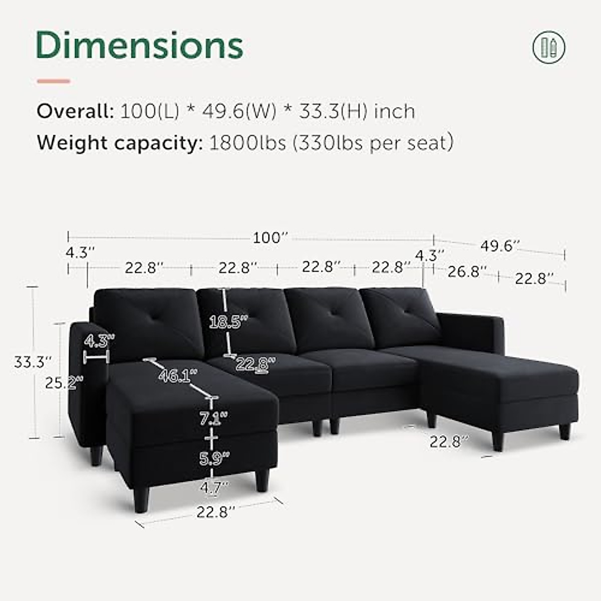 HONBAY Reversible Sectional Couches for Living Room, Sectional Couch U Shape, 4 Seat Sectional Sofa with Chaise, Dark