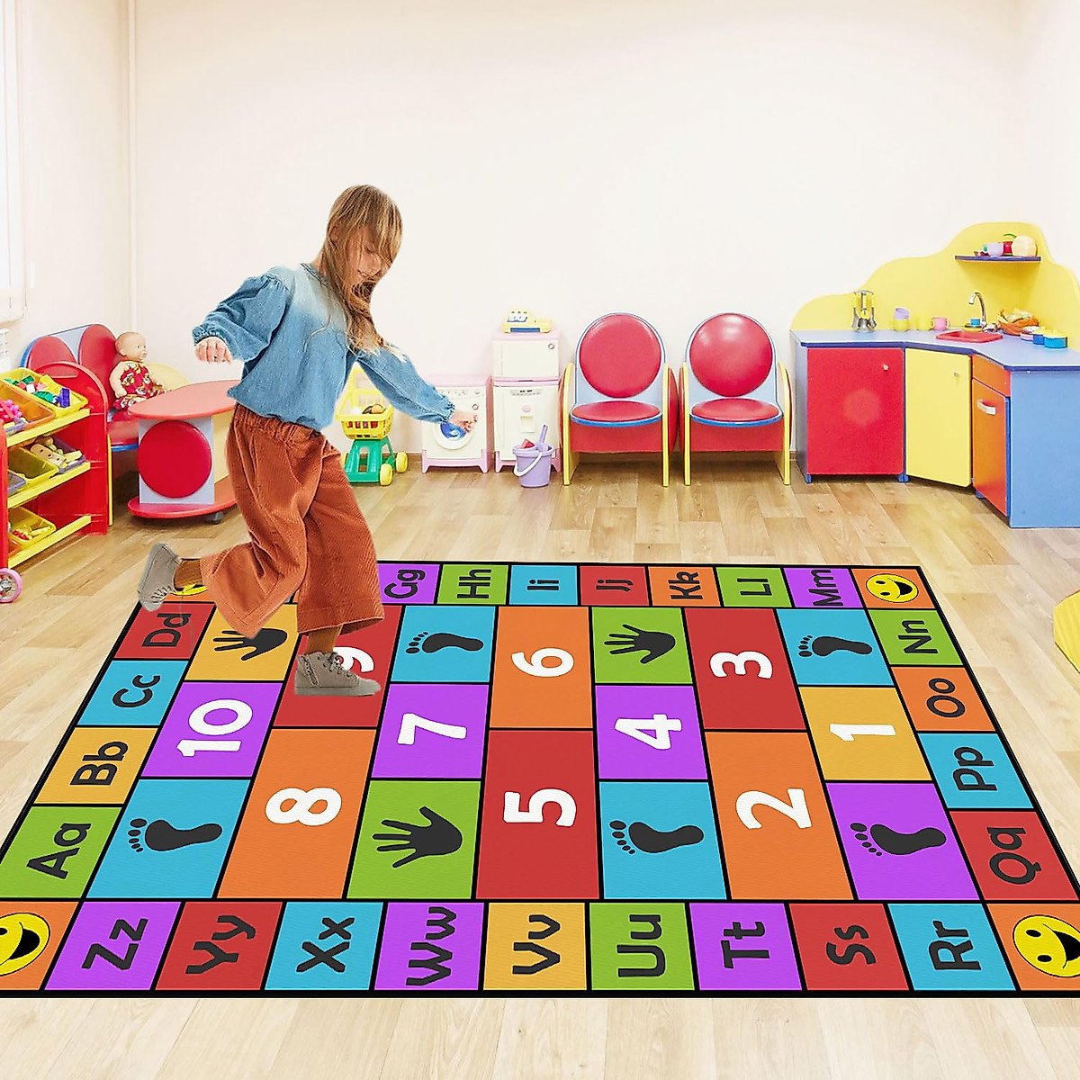 Kid Hopscotch Play Rug, ABC Alphabet Number Educational Carpet, Playroom Classroom Mat Non-Slip Washable (Red 31x47 in)