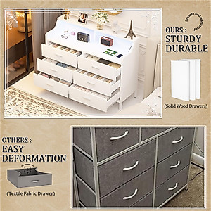 Hyomdeck 6 Drawer Dresser for Bedroom, Wooden Chest of Drawers with Power Outlets and Smart LED Light, Sturdy Modern Bedroom Furniture, Wide Storage Dresser for Living Room, Closet, Entryway, White