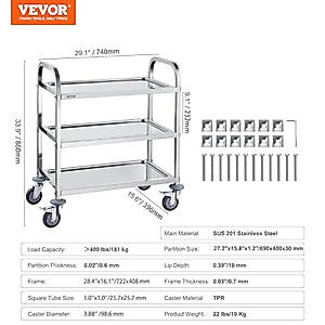 VEVOR Lab Utility Cart, 220 lbs Weight Capacity Rolling Lab Cart, 3 Shelves Mobile Clinic Cart, Sturdy Stainless Steel Frame Lab Trolley, 360° Silent Rolling Wheels w/Foot Brake, for Lab Clinic Salon