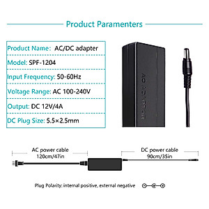 Snsnlent AC Adapter Power Supply 12V 4A 48W AC/DC Power Adapter with 5.5x2.1mm DC Plug 12V 4A 48W for LCD Monitor, LED Strip Light and Other Low Voltage Device