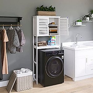 SMIBUY Bathroom Over The Toilet Storage Cabinet, 2 Door Bamboo Cabinet Organizer, Freestanding Space Saver Toilet Rack with Adjustable Inside Shelf and Open Shelf (White)