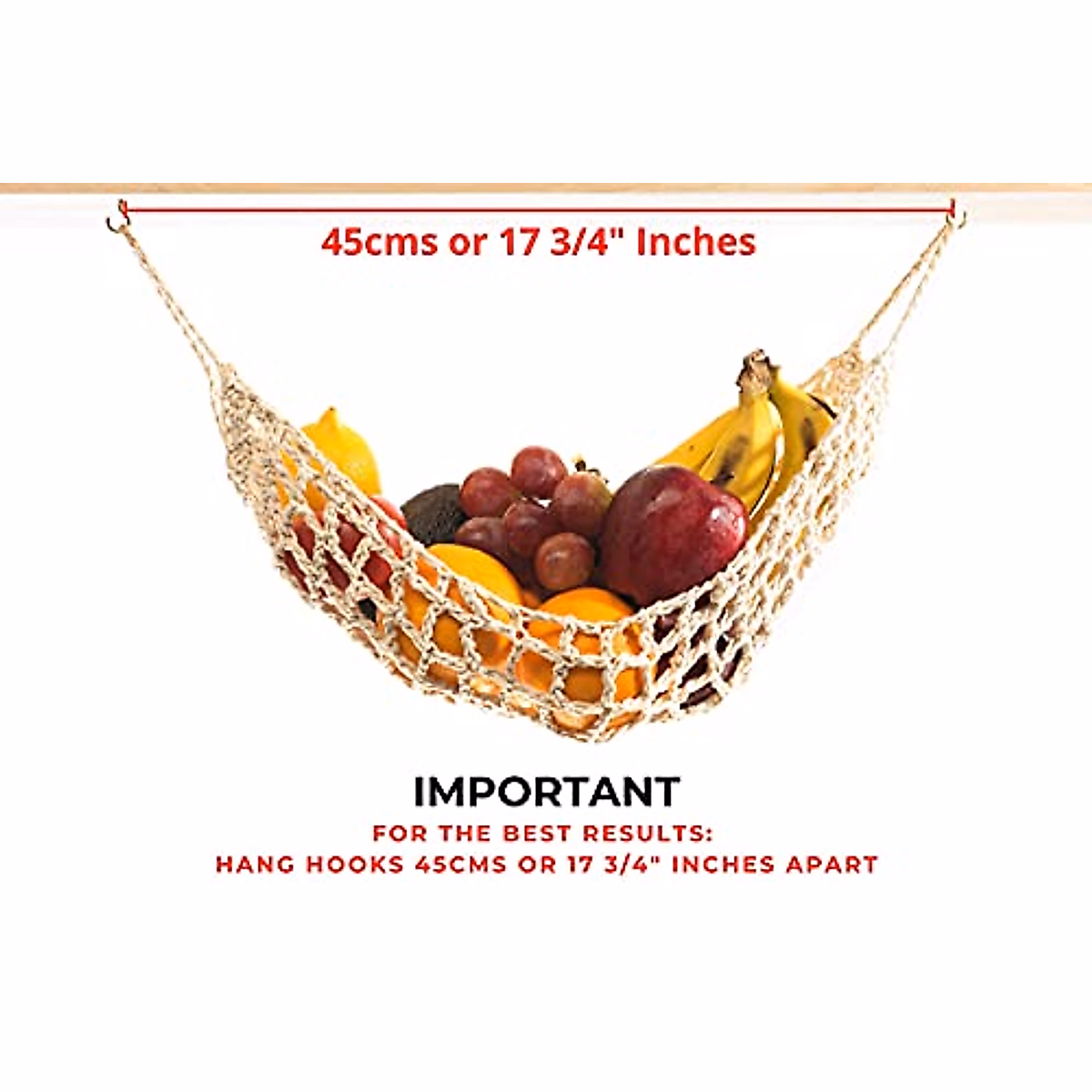 Hanging Fruit Hammock Under Cabinet - 1 Macrame Fruit Hammock Kitchen Under Cabinet, 2PCS Hooks - Handwoven Cotton Basket Storage for Produce, Banana - Boho Kitchen Decor For More Counter Space at Home Boat Camper RV