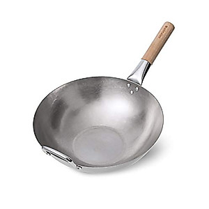 Bielmeier 14 Inch Carbon Steel Wok with Wok Ring,Woks and Stir Fry Pans with Sponge, Round Bottom Wok pan for Home and Professional Cooking…