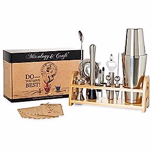 Mixology & Craft Bartender Kit - 13 Piece Set Including Stainless Steel Cocktail Making with Bar Stand & Boston Shaker, Perfect for Drink Mixing at Home, Plus Exclusive Recipe Cards